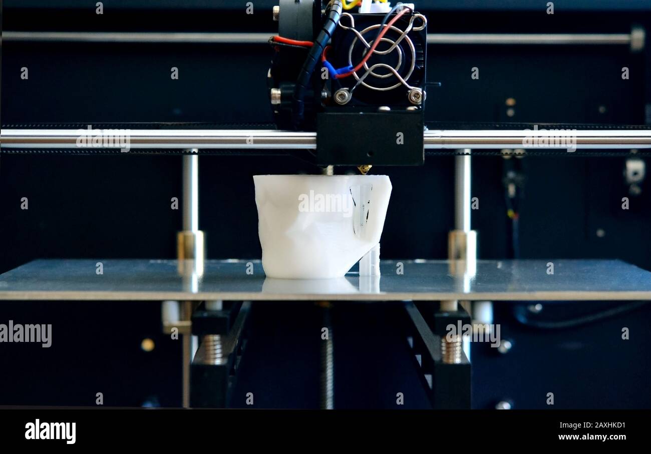 Objects printed by 3d printer. Automatic three dimensional 3d printer ...