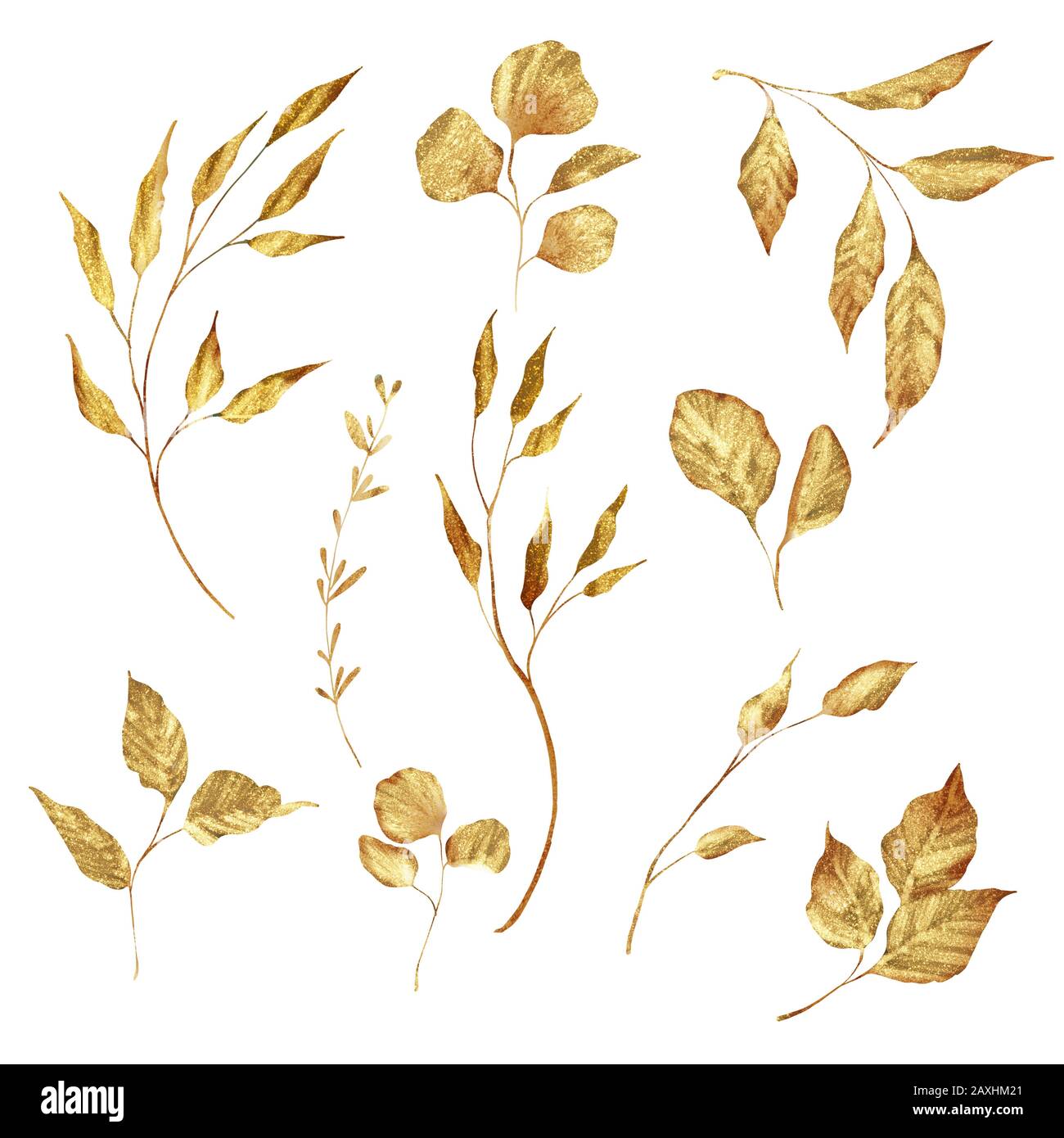 Golden branches and leaves. Gold floral elements Stock Photo - Alamy