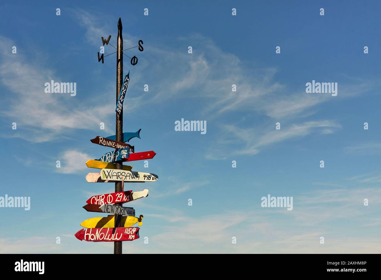 Signpost with colorful directional signs and distances to different ...