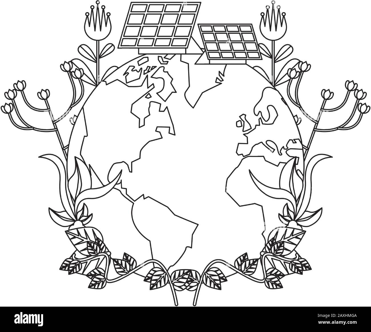 world planet earth with flowers garden and solar panels Stock Vector ...