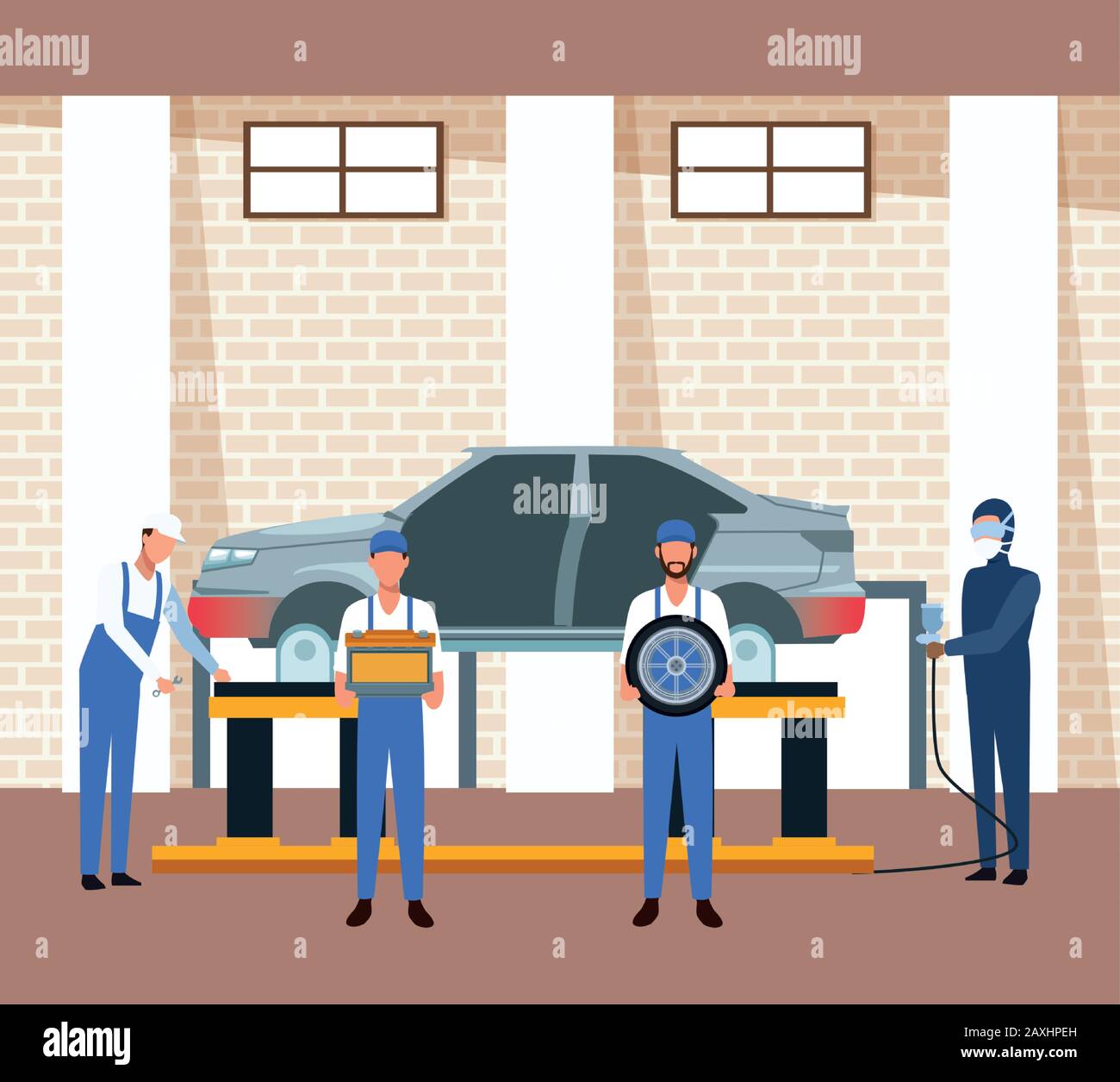 car workshop scenery with Mechanics and lifted car body Stock Vector ...