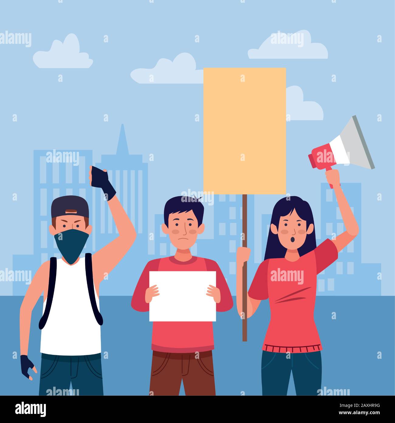 cartoon men and woman protestating standing, colorful design Stock ...