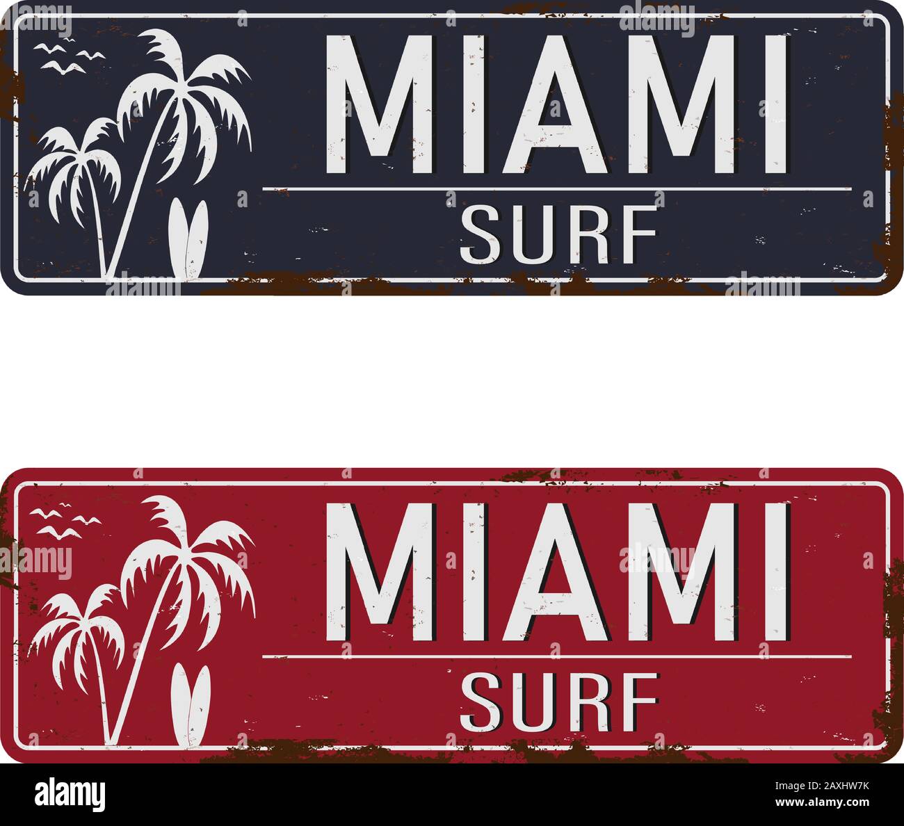 Miami surf vintage rusty metal sign on a white background, vector ...