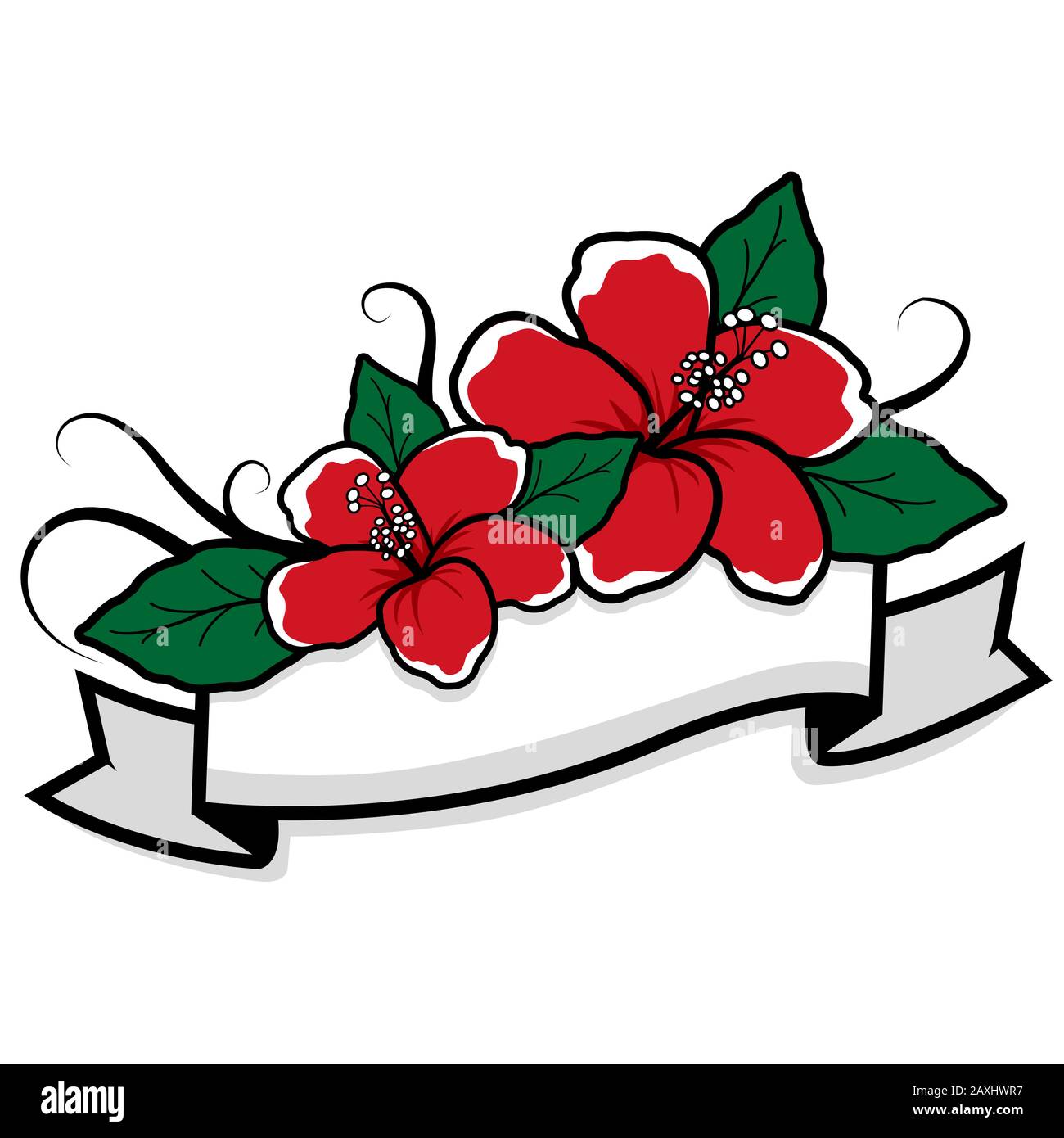 Hawaiian hibiscus flowers and blank sign with tropical flowers. Ribbon ...