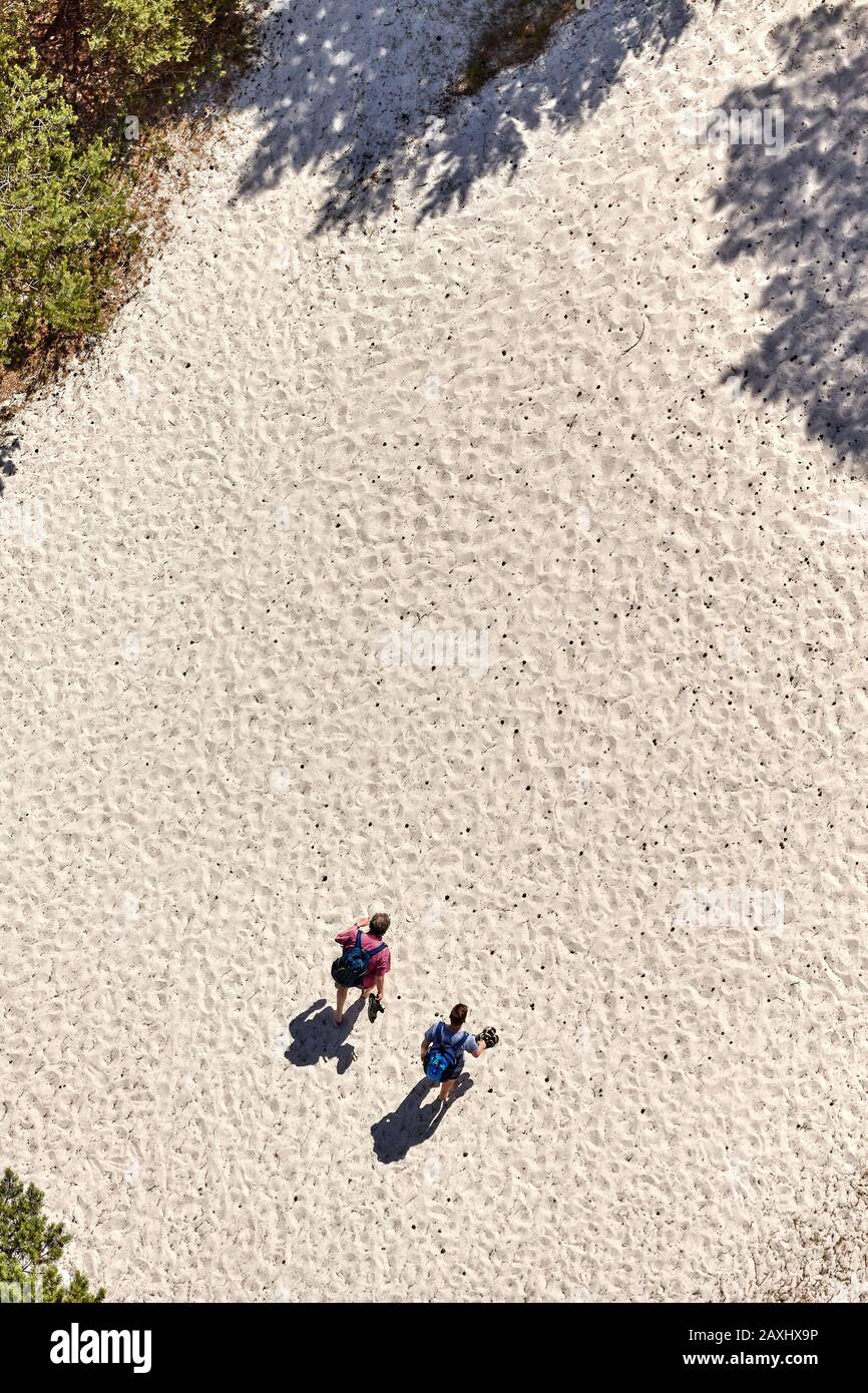 Aerial view of two male tourists walking on sand dune in Dueodde ...