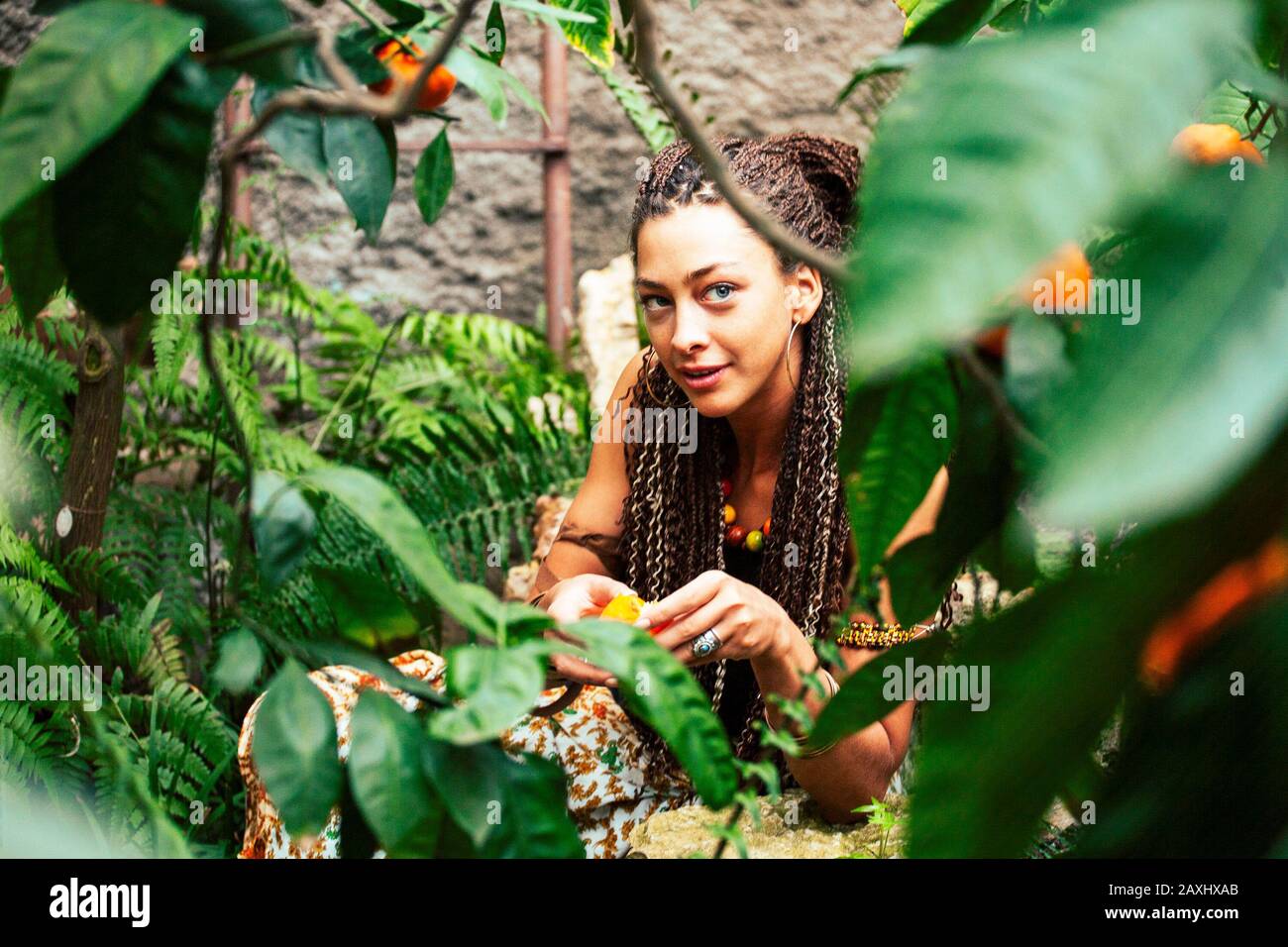 pretty islam woman in orange grove smiling, real muslim girl cheerful ...