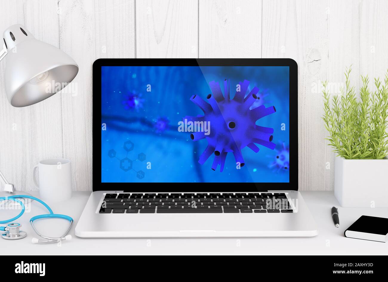 3d rendering of medical desktop with virus on screen Stock Photo - Alamy