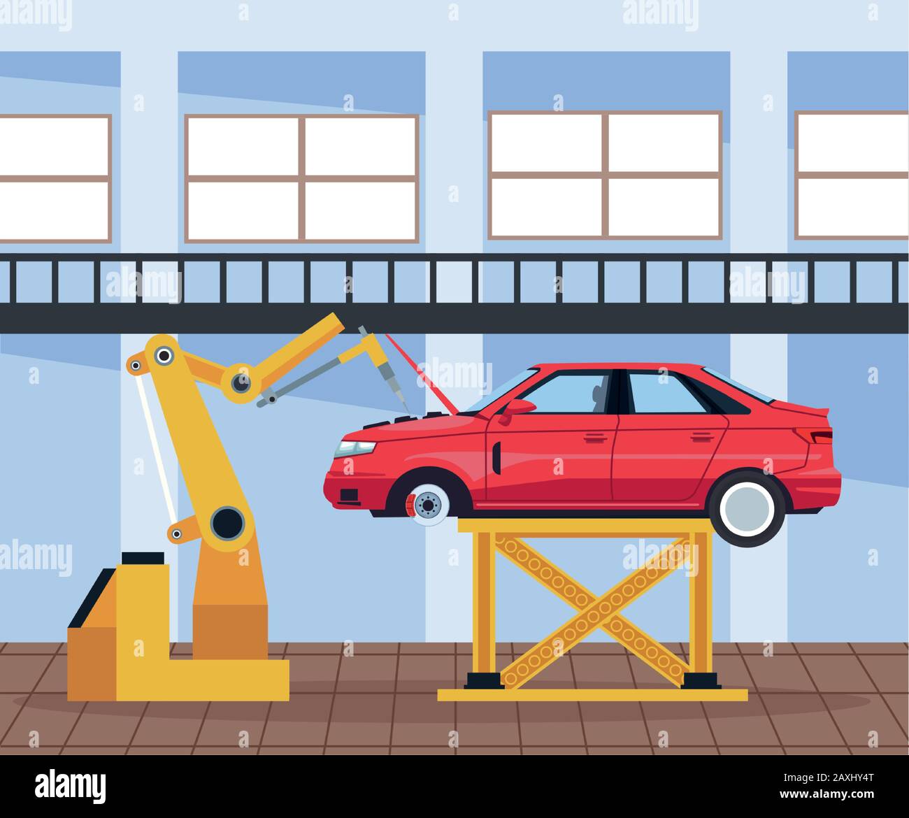 car workshop scenery with lifted car and arm industrial machine working ...