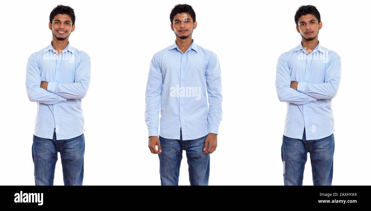 Collage of happy young Indian businessman with arms crossed Stock Photo ...