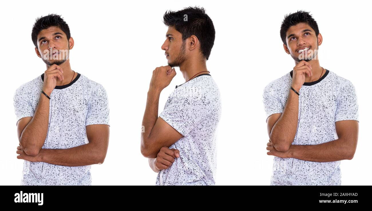 Collage of happy young handsome Indian man thinking Stock Photo - Alamy