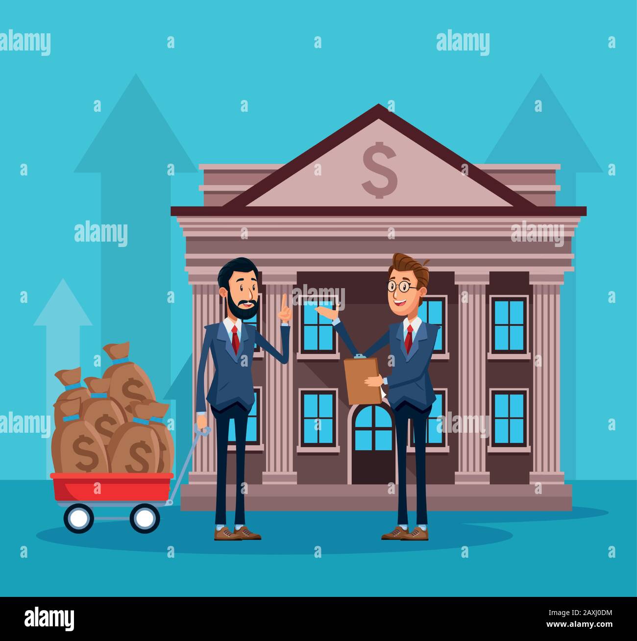 cartoon businessmen with trolley with money bags in front of bank ...