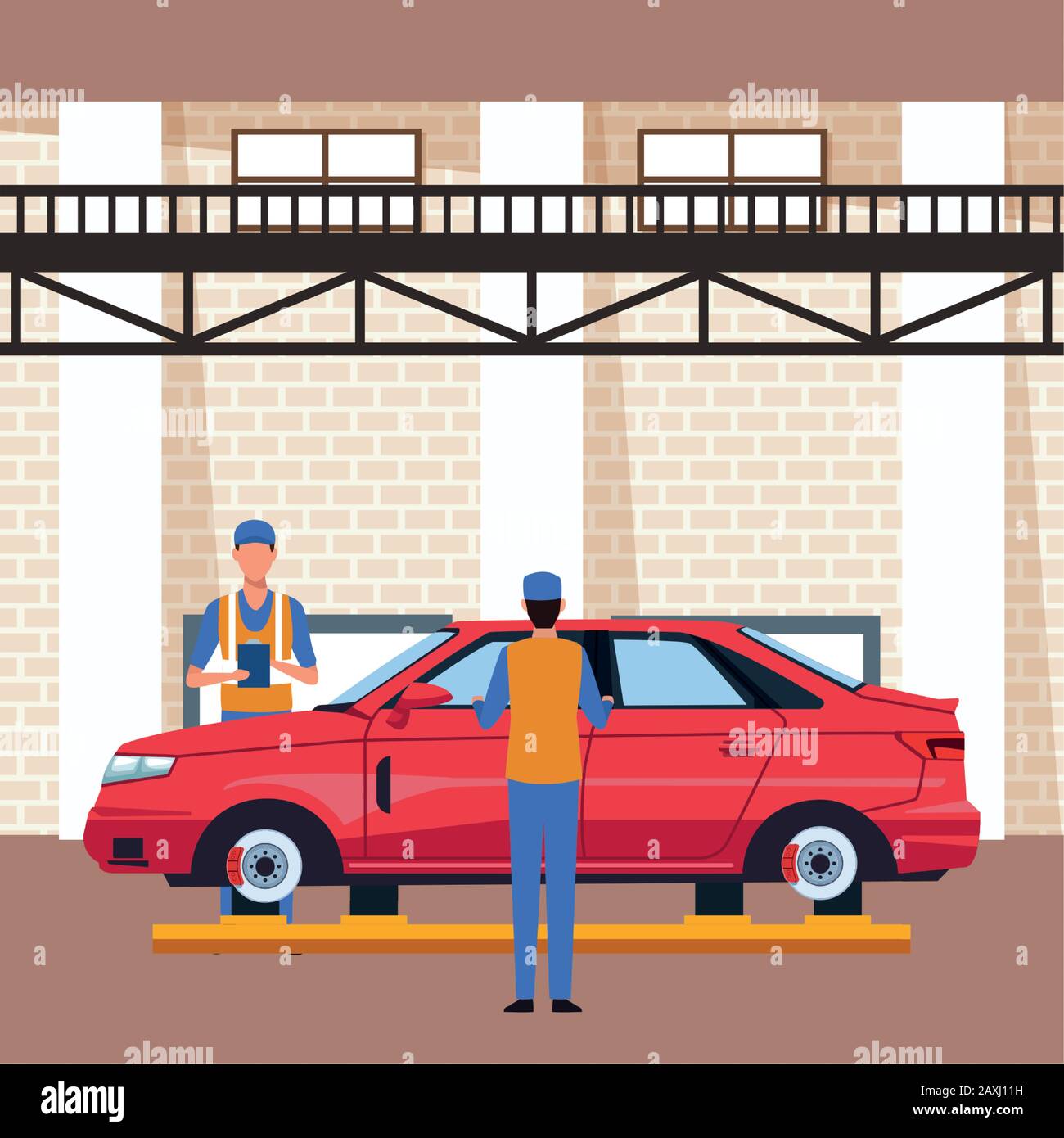 car workshop scenery with mechanics working on red car Stock Vector ...