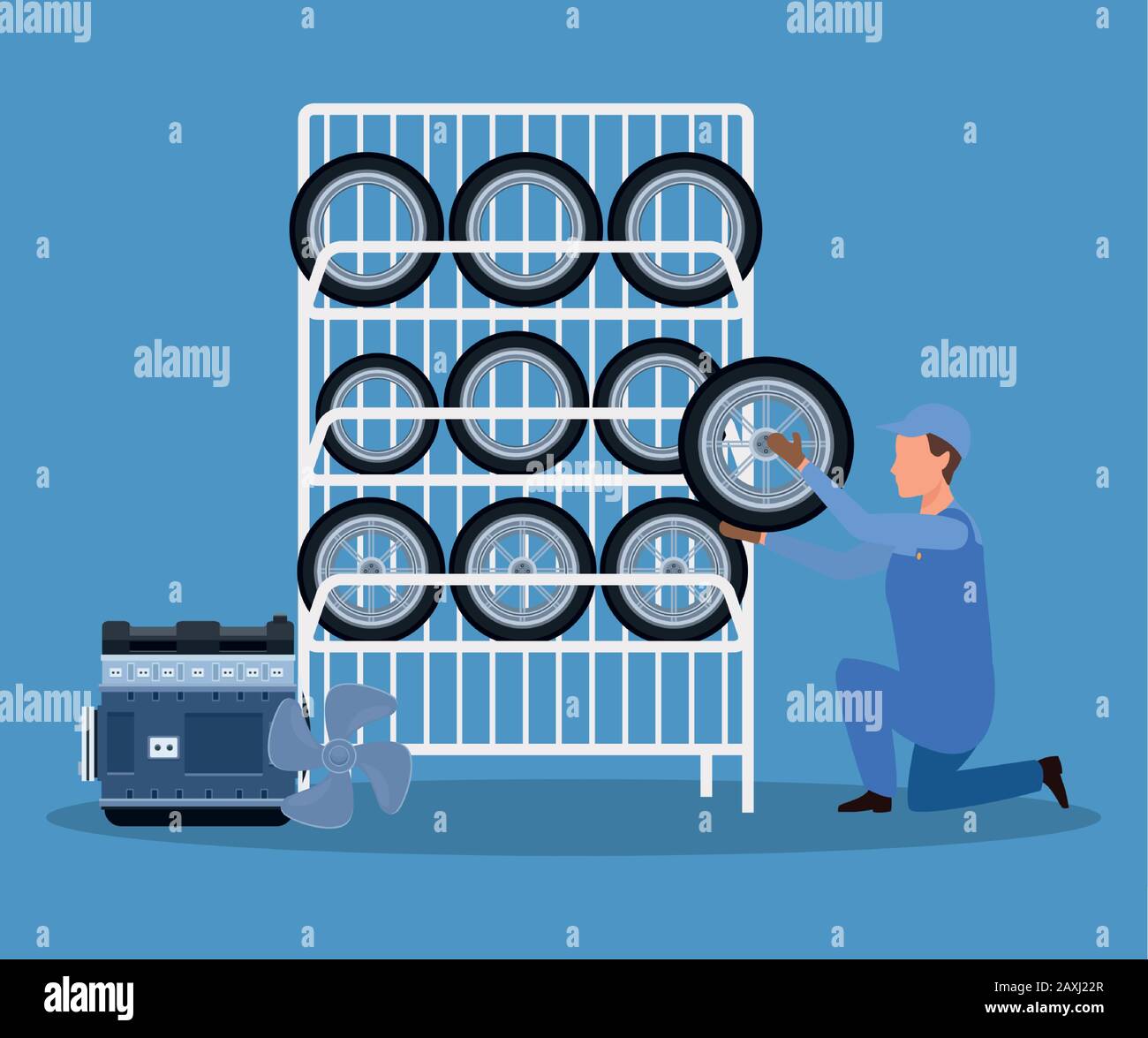 cartoon mechanic holding a car tire and car tires rack and car engine ...