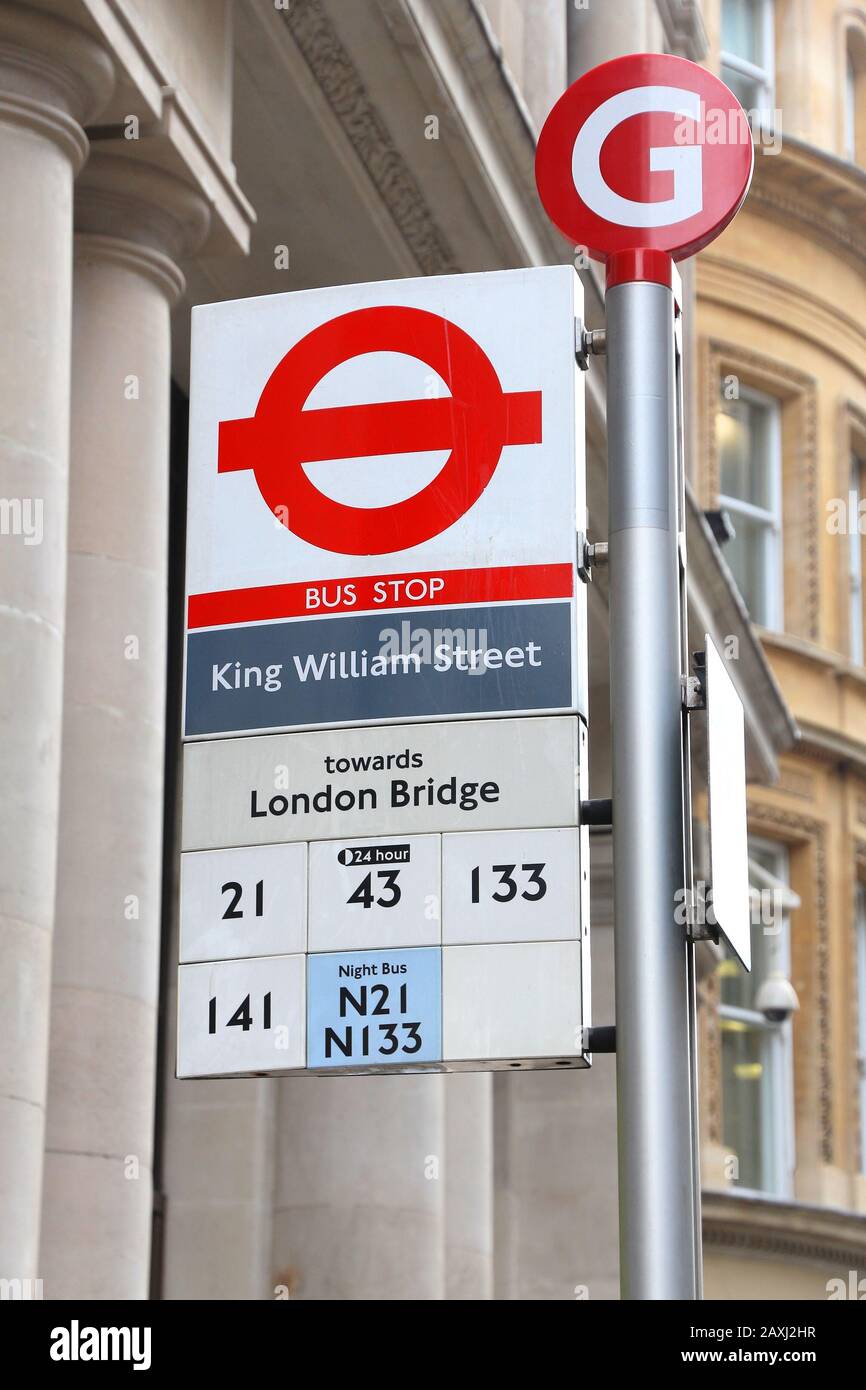 LONDON, UK - JULY 8, 2016: Bus stop sign in King William Street, London ...