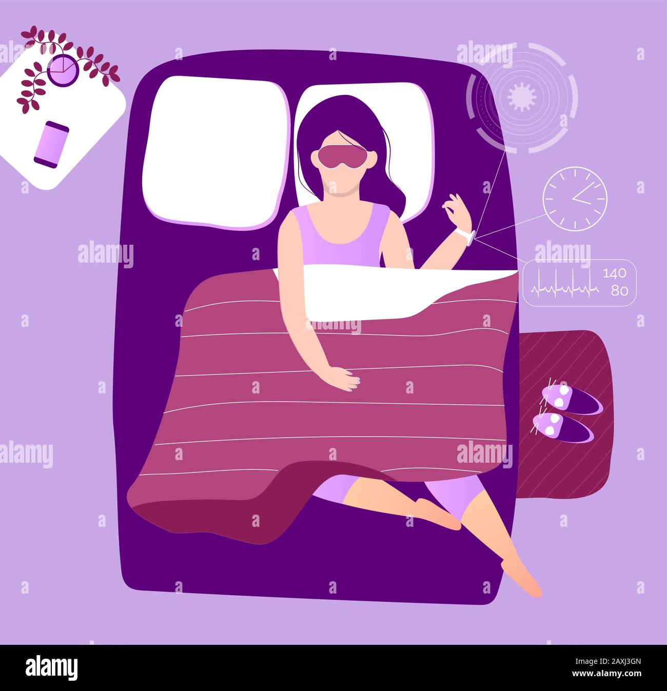 Sleep control cartoon concept vector. Young woman character uses smart ...