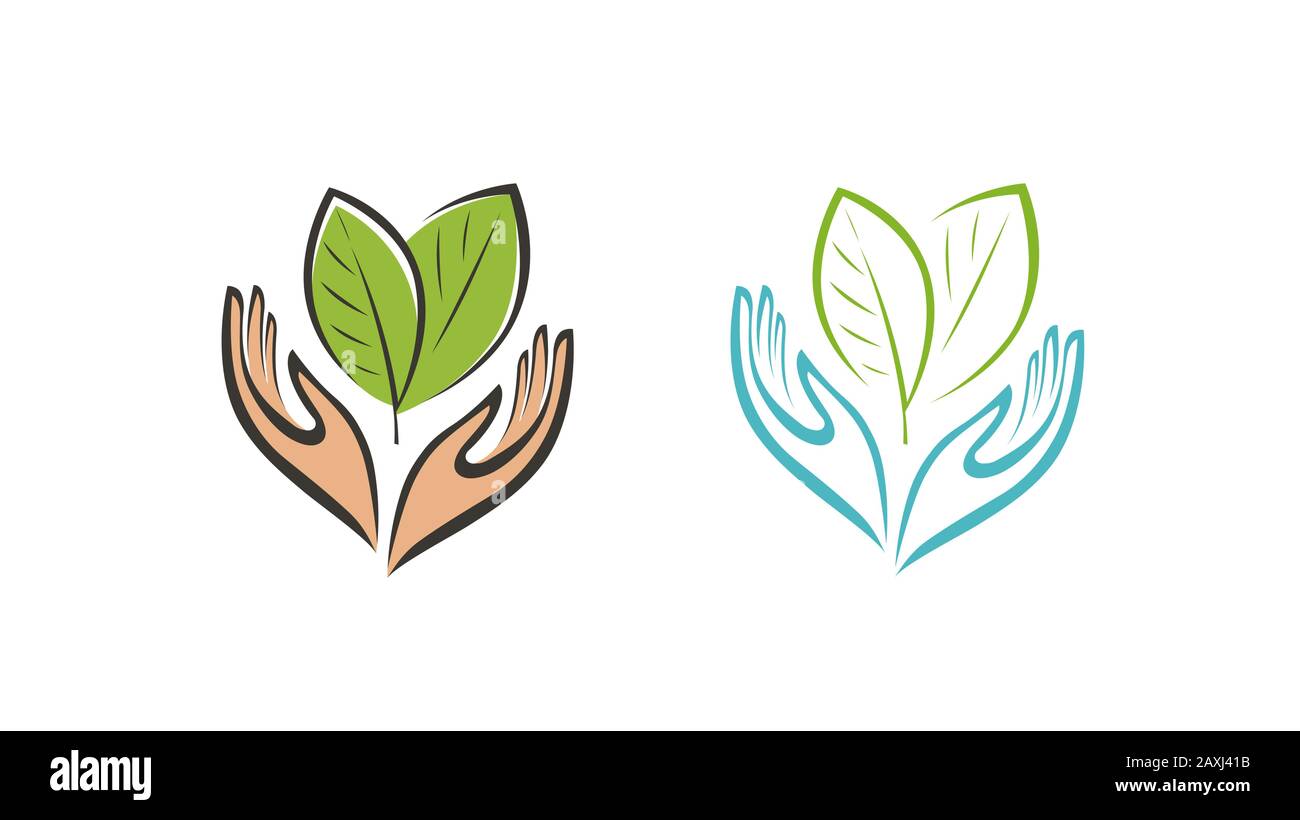 Plant or leaves in hands logo. Agriculture, health, farming symbol or ...