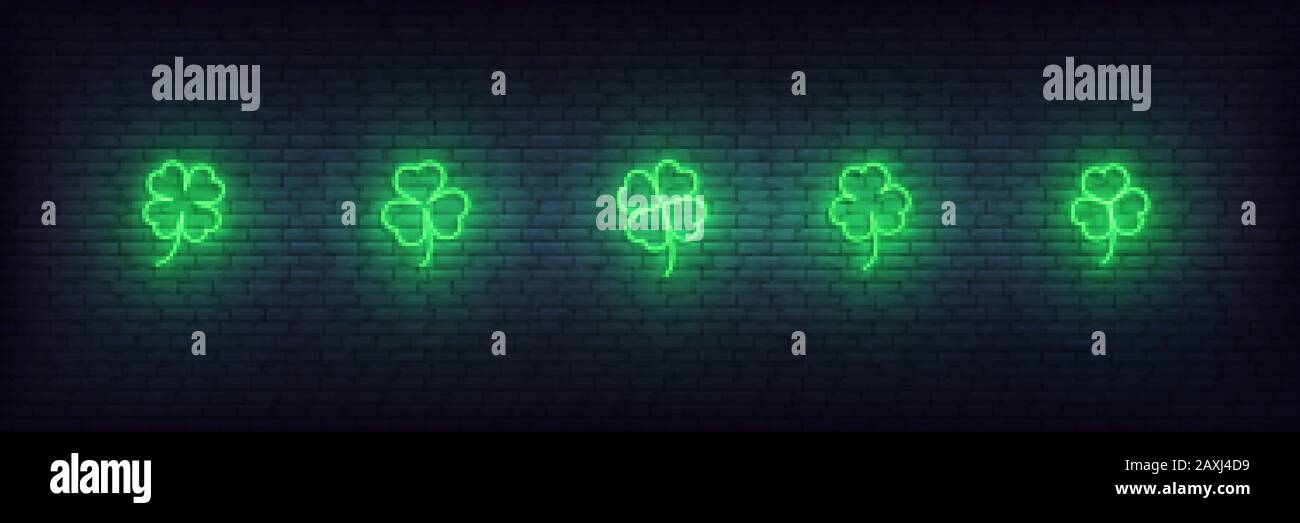 Clover neon icons for Saint Patricks Day. Set of green Irish shamrock ...