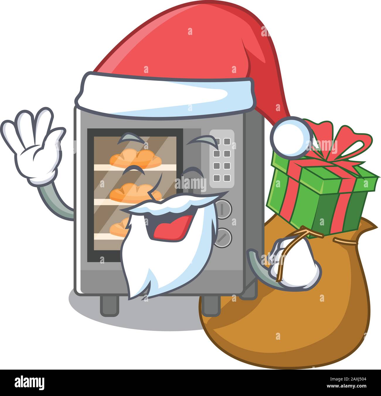 Santa oven cake Cartoon character design having box of gifts Stock ...