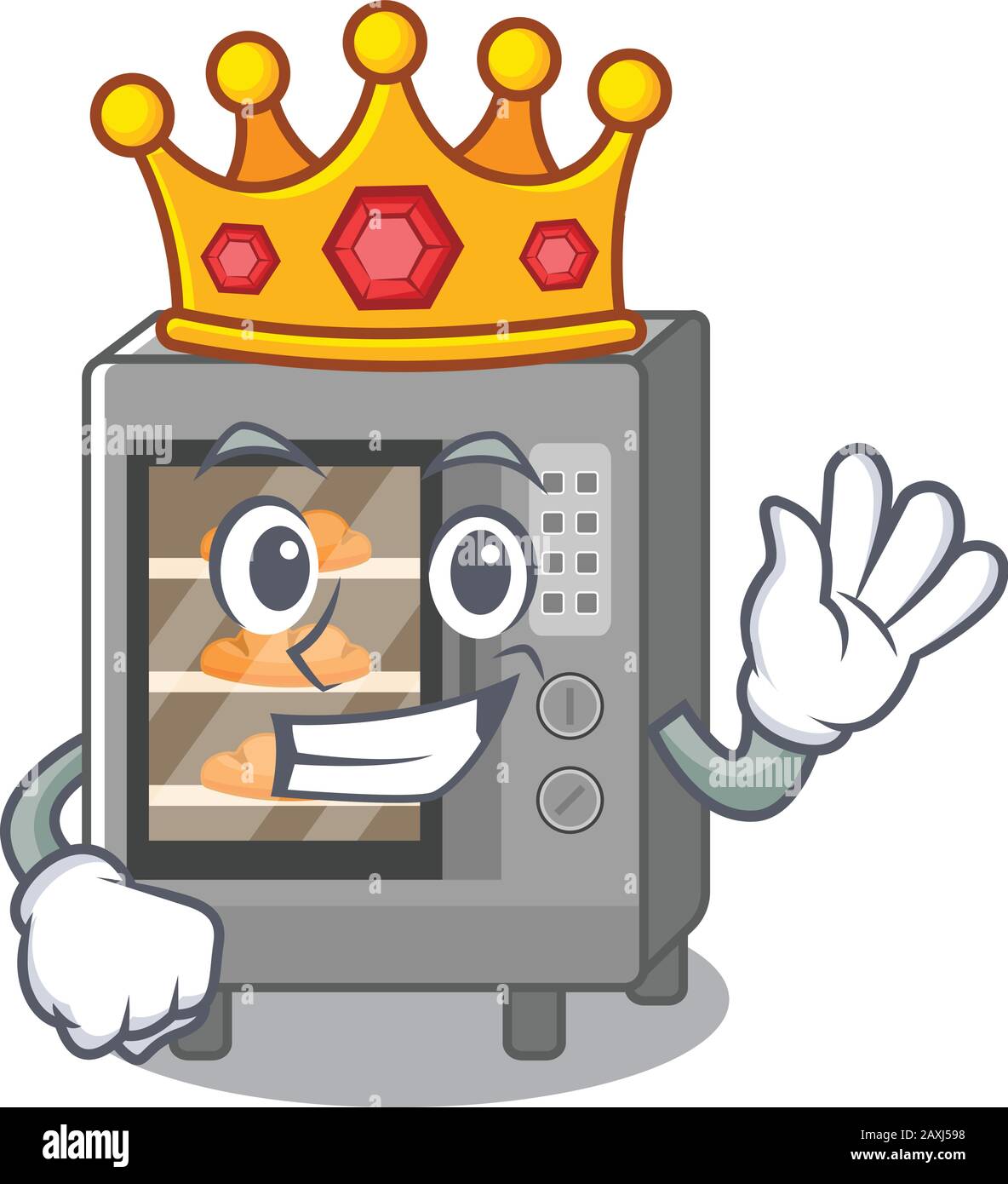 A cartoon mascot design of oven cake performed as a King on the stage ...
