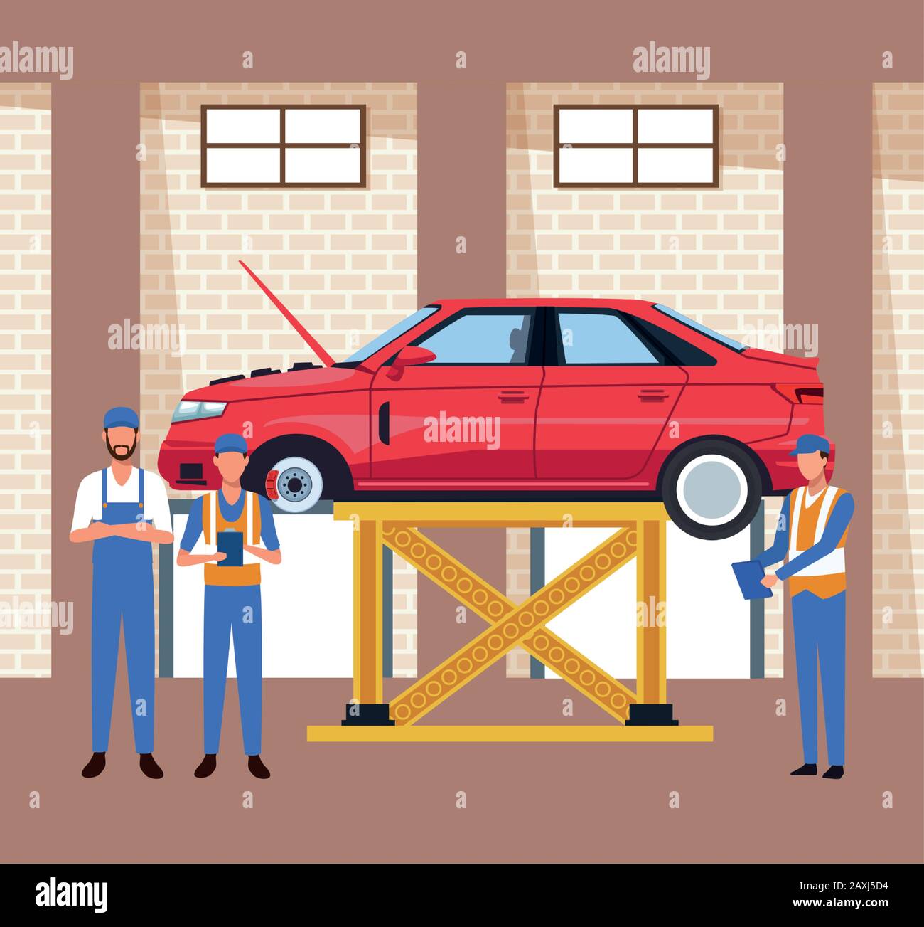 car workshop scenery with lifted car and mechanics standing Stock ...