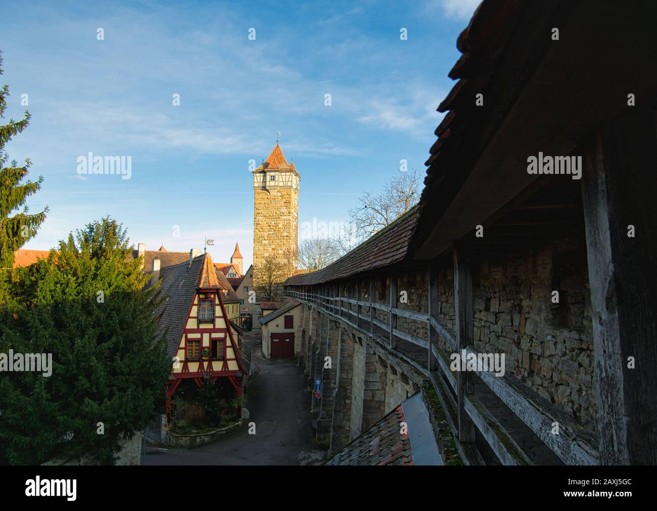 The accessible city wall of Rothenburg ob der Tauber with view of the ...