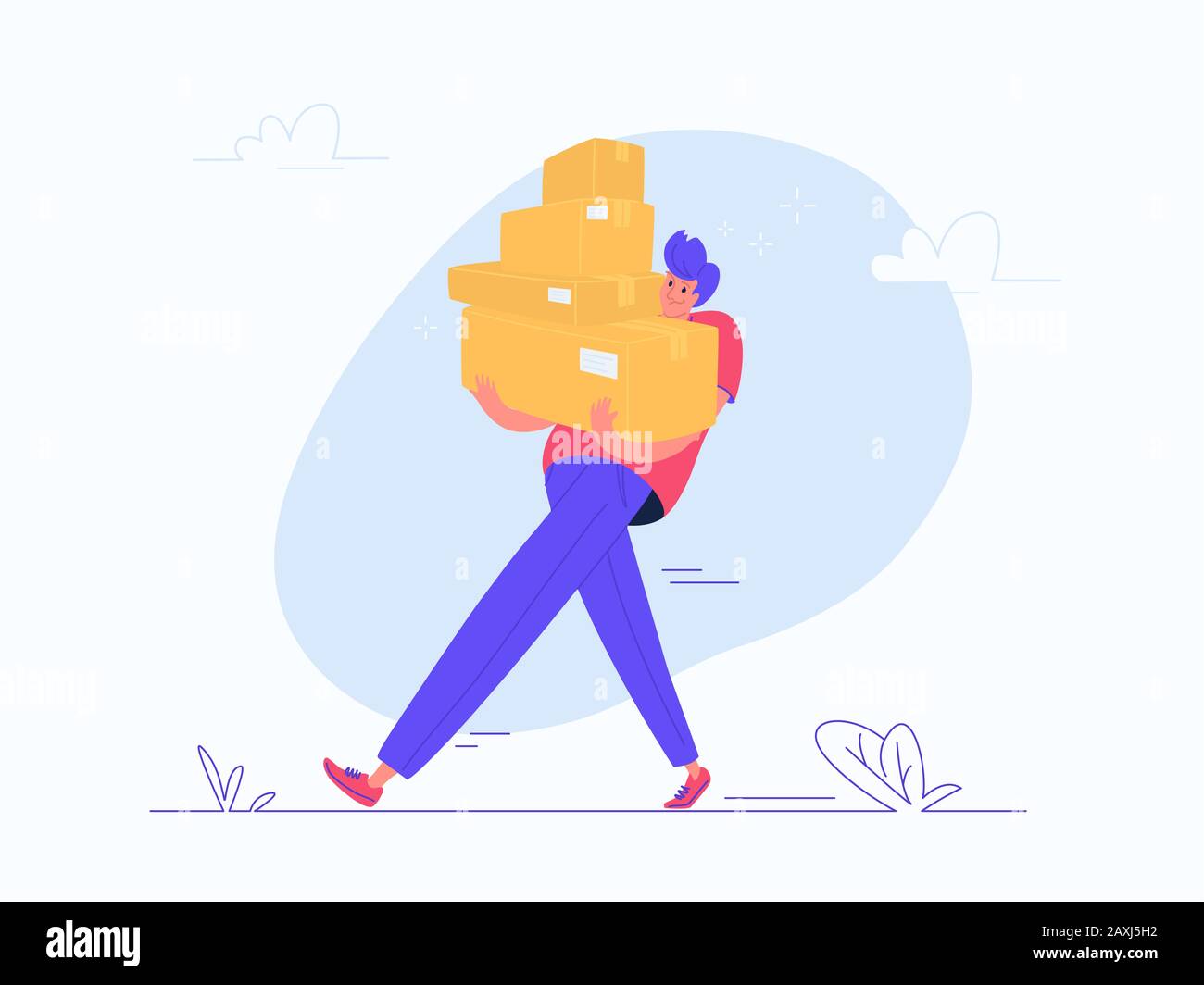Young man carrying heavy carton boxes as a courier. Flat modern concept ...