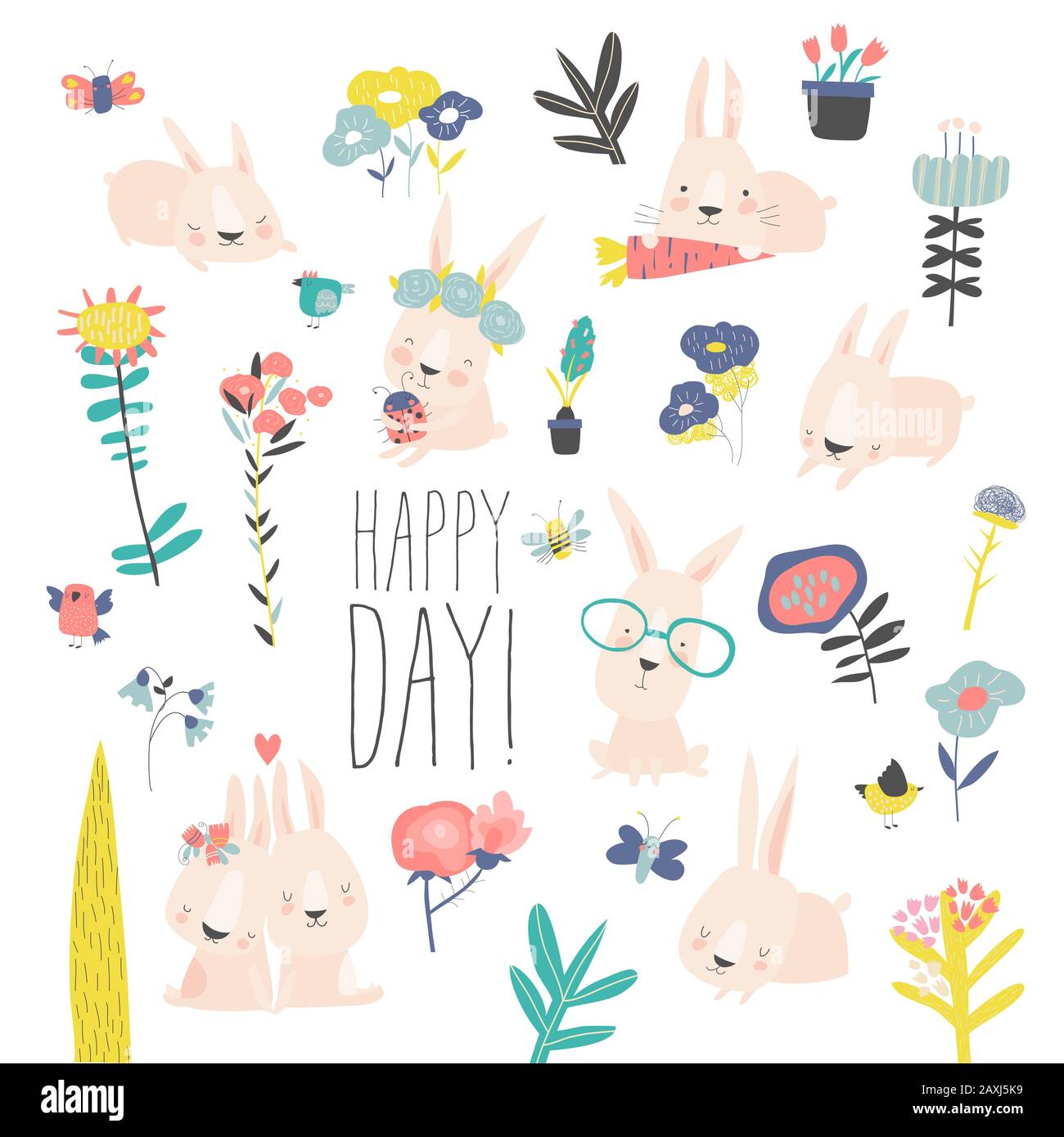 Set of cute cartoon bunnies and color flowers. Vector isolated ...