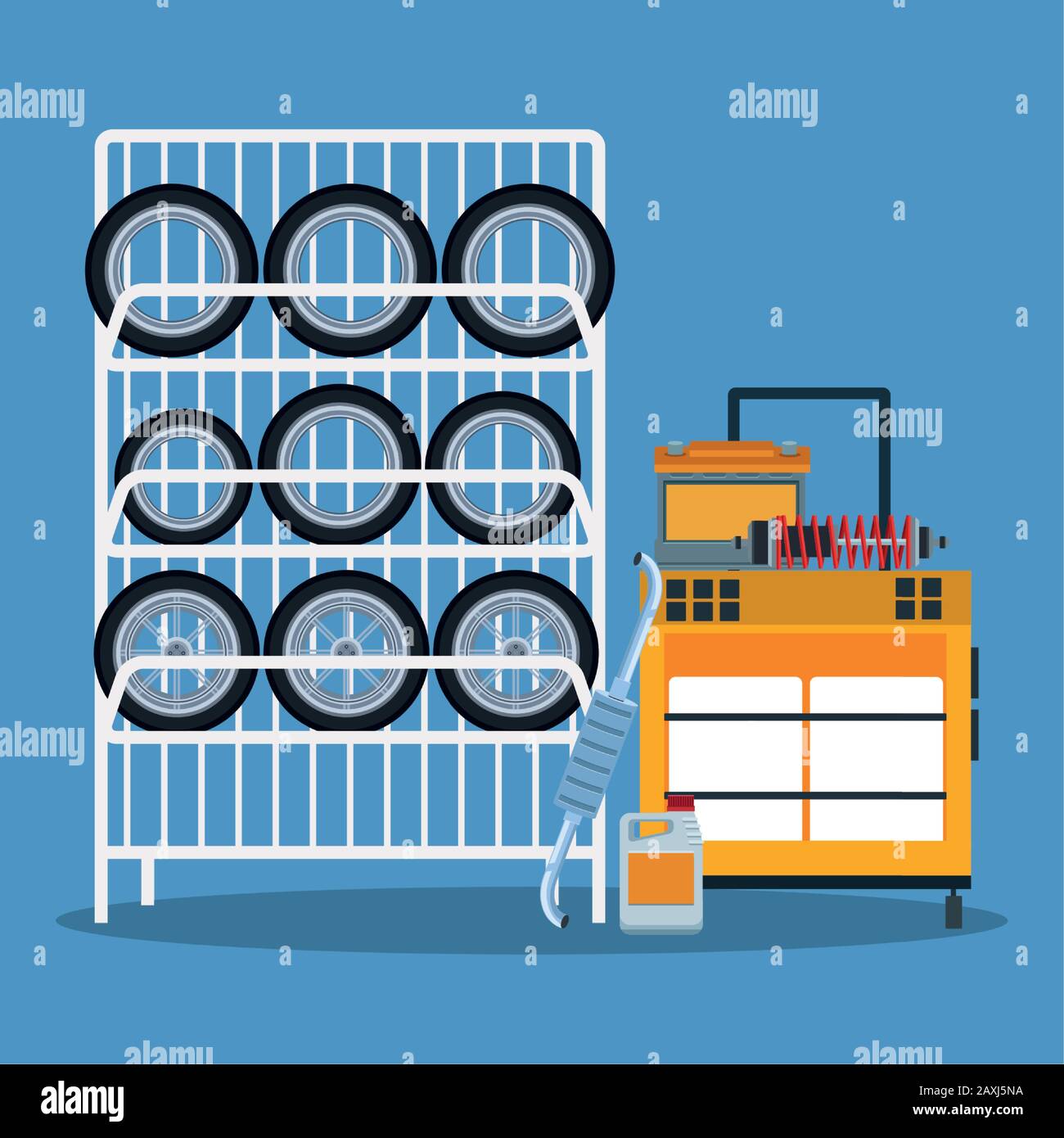 car repair shop scenery with car tires rack and tools trolley Stock ...