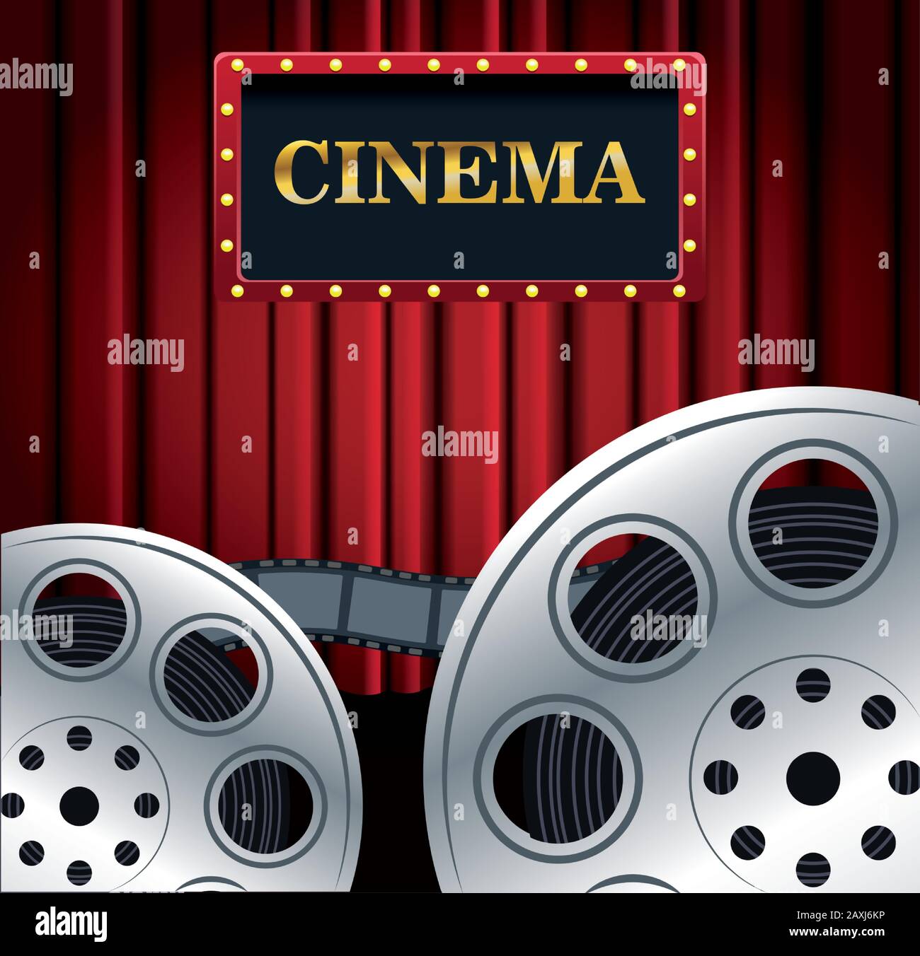 film reels over Red cinema curtains background, colorful design Stock ...