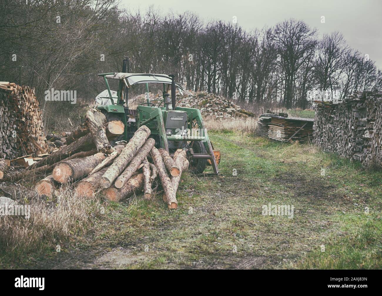 Old German tractor at the lumberyard Stock Photo - Alamy