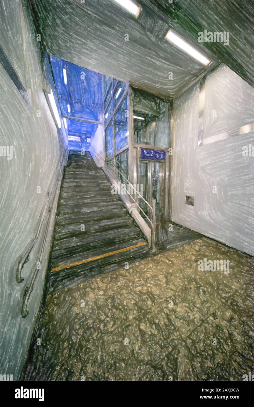 watercolor illustration: Narrow access to the platform via an ugly ...