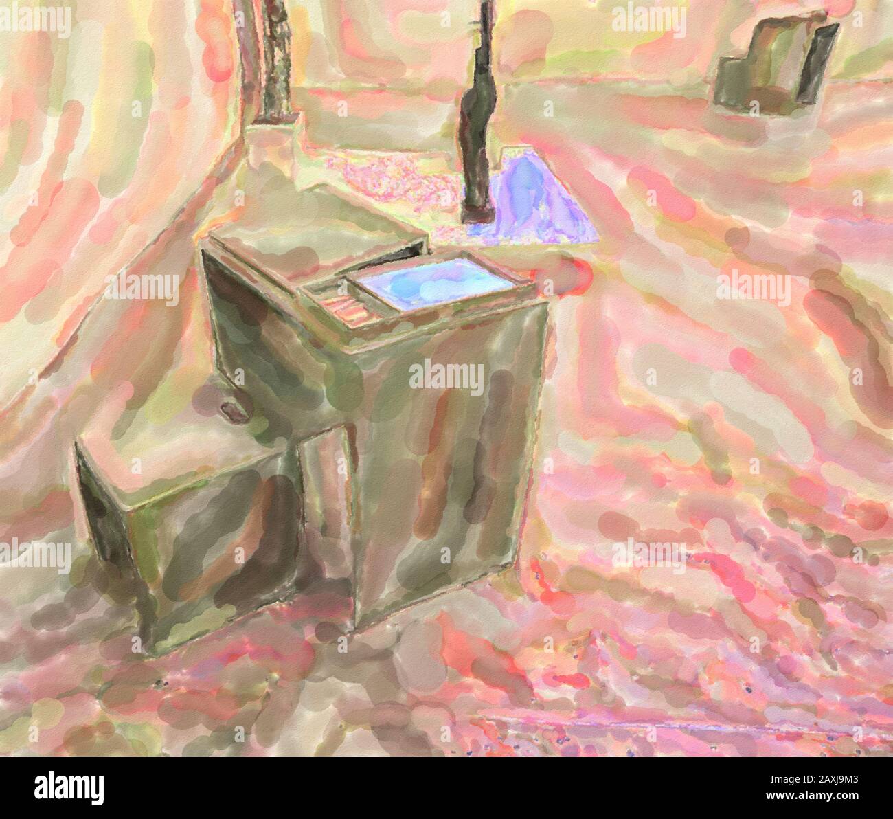 watercolor illustration: Practice room with stool, drawing table, pens ...