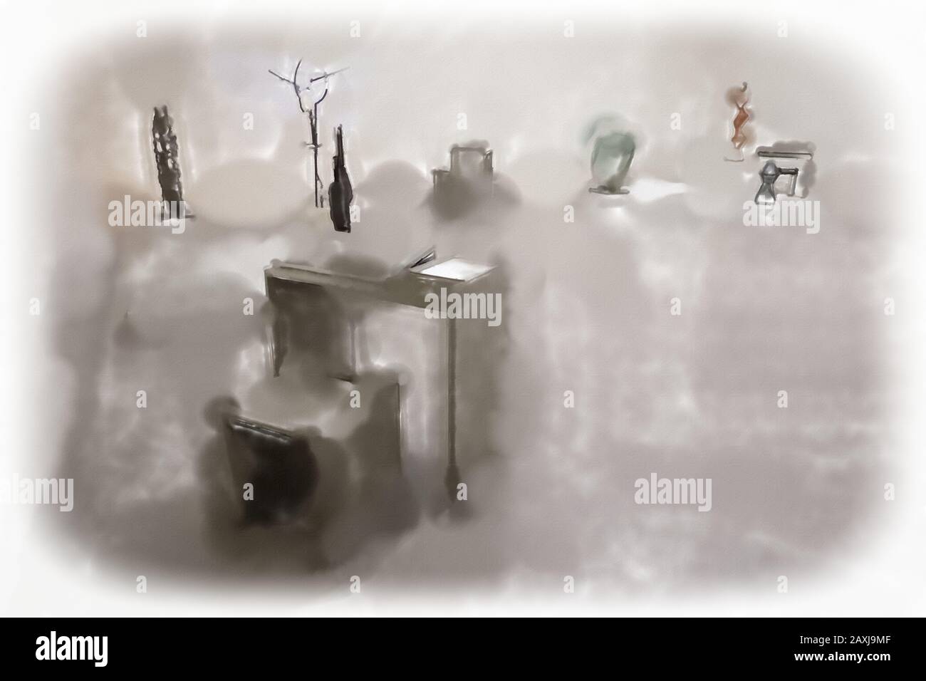 watercolor illustration: Practice room with stool, drawing table, pens ...