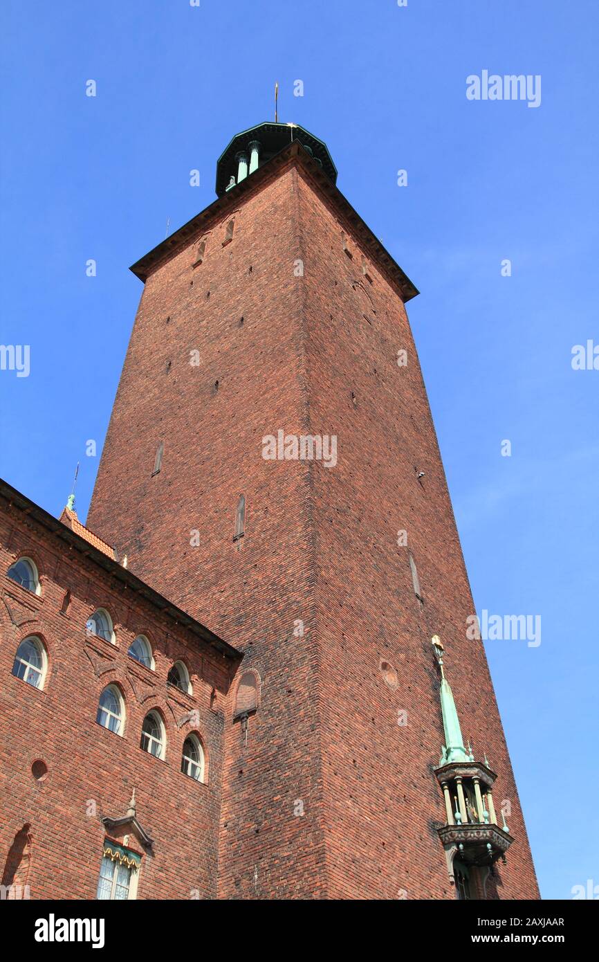 Stockholm, Sweden. Brick city hall, landmark at Kungsholmen island ...