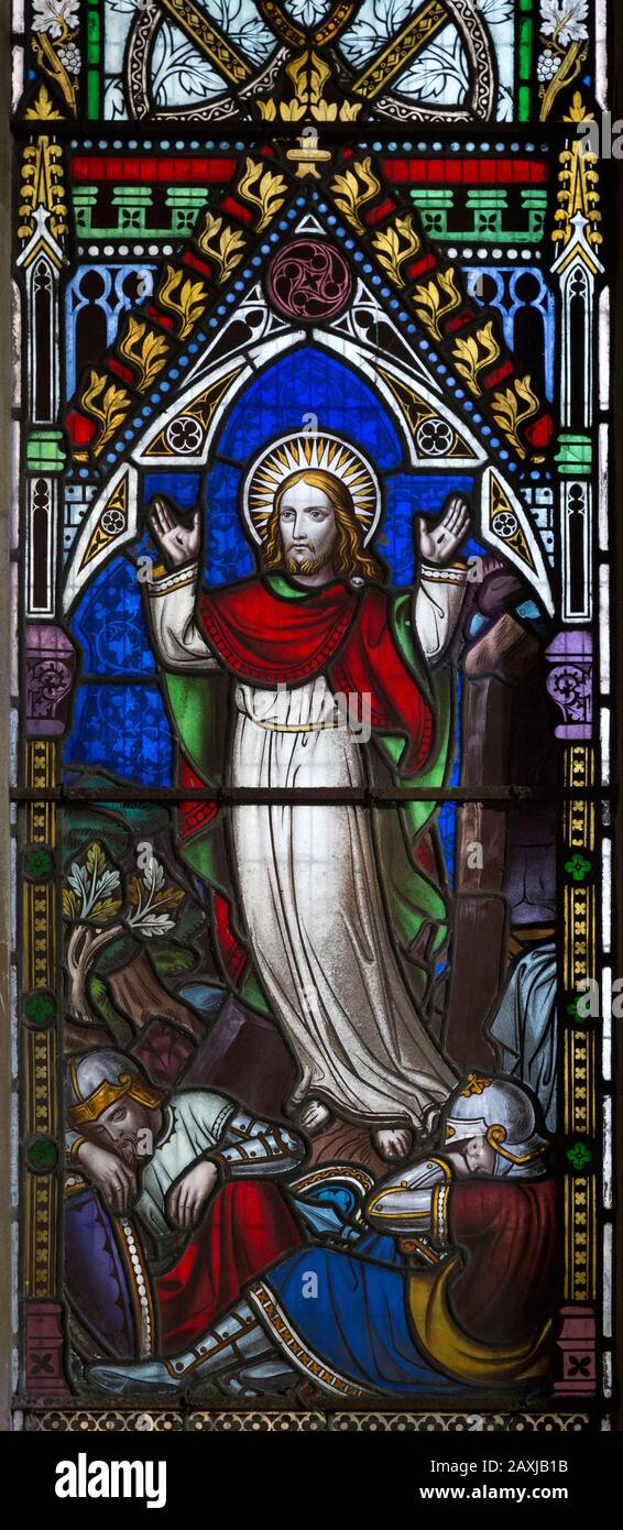 Victorian stained glass window depicting the risen Jesus Christ circa ...