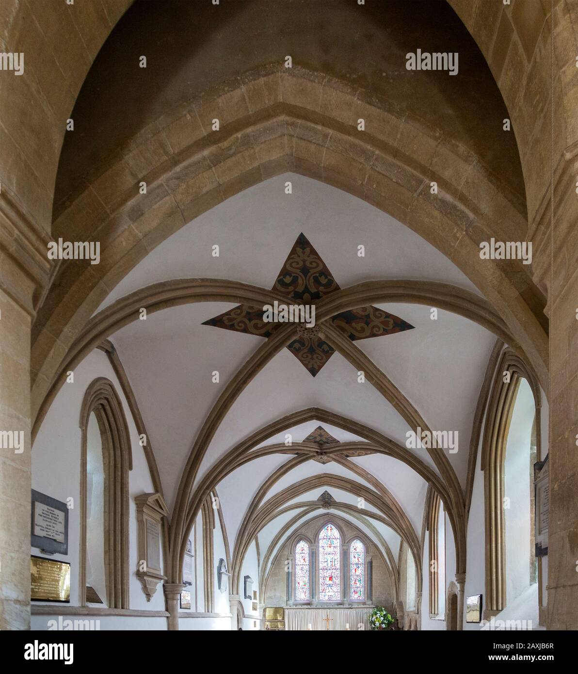 Three bays of stone vaulting in the chancel in the church at Bishops ...
