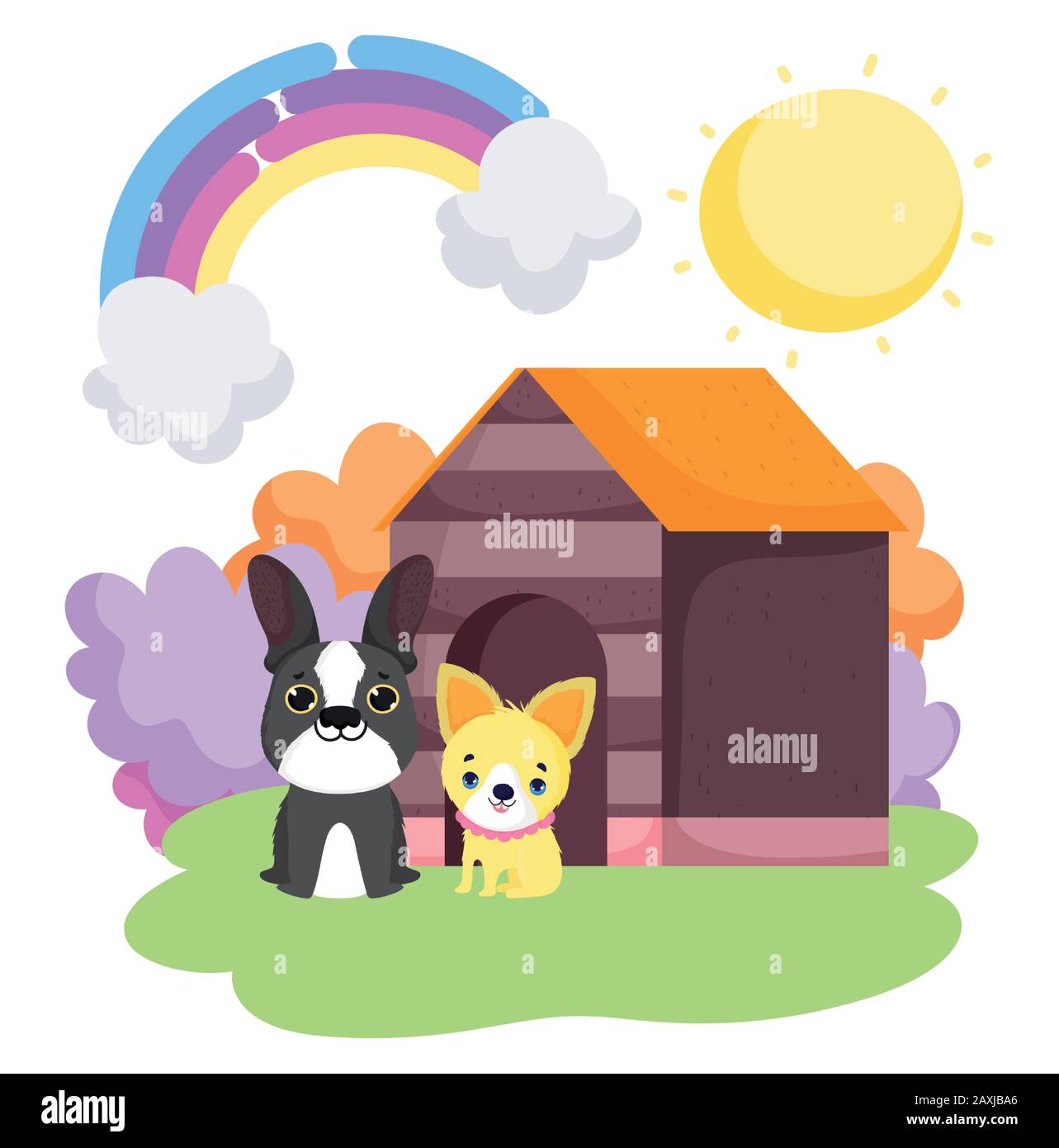 cute little dogs sitting frony wooden house landscape pets vector ...