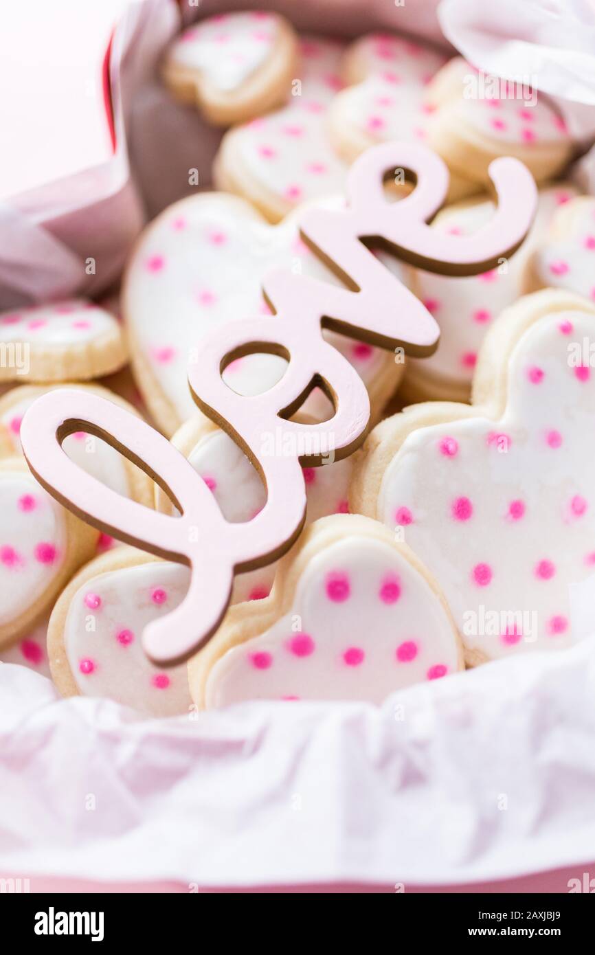Heart shaped sugar cookies decorated with royal icing in gift box Stock ...