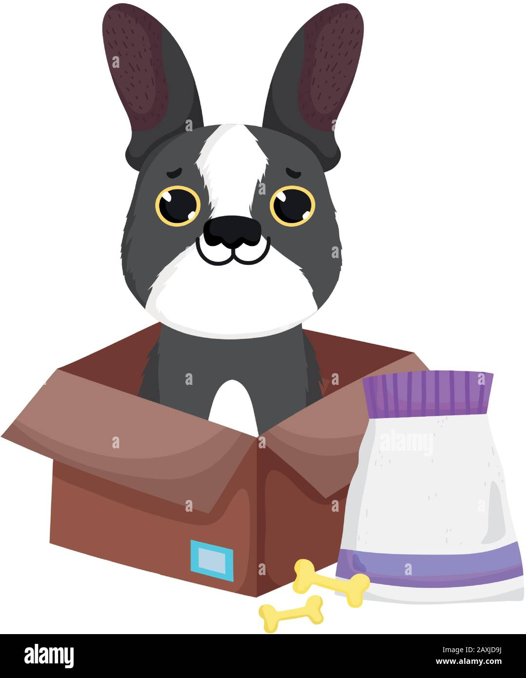 cute little dog in box with bones and food pets vector illustration ...