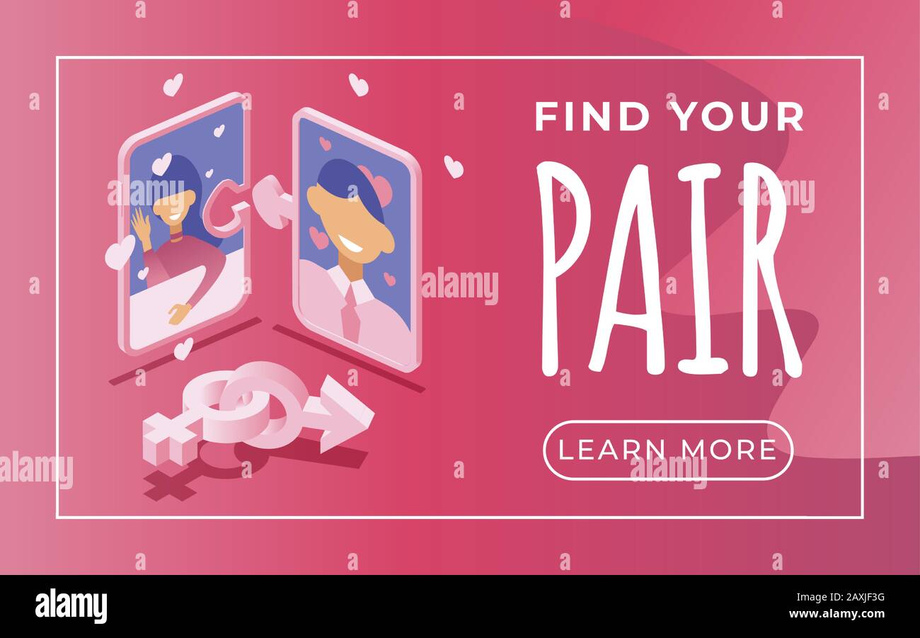 Dating application landing page template with text space. Isometric ...