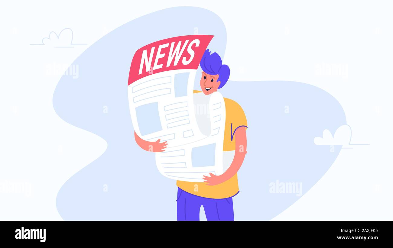 Happy smiling man hugging biggest newspaper. Flat modern concept vector ...