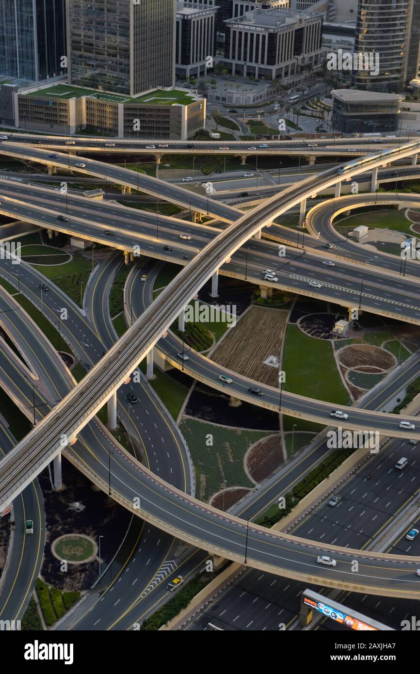 Dubai Cityscape and amazing view of the junction roads from above ...