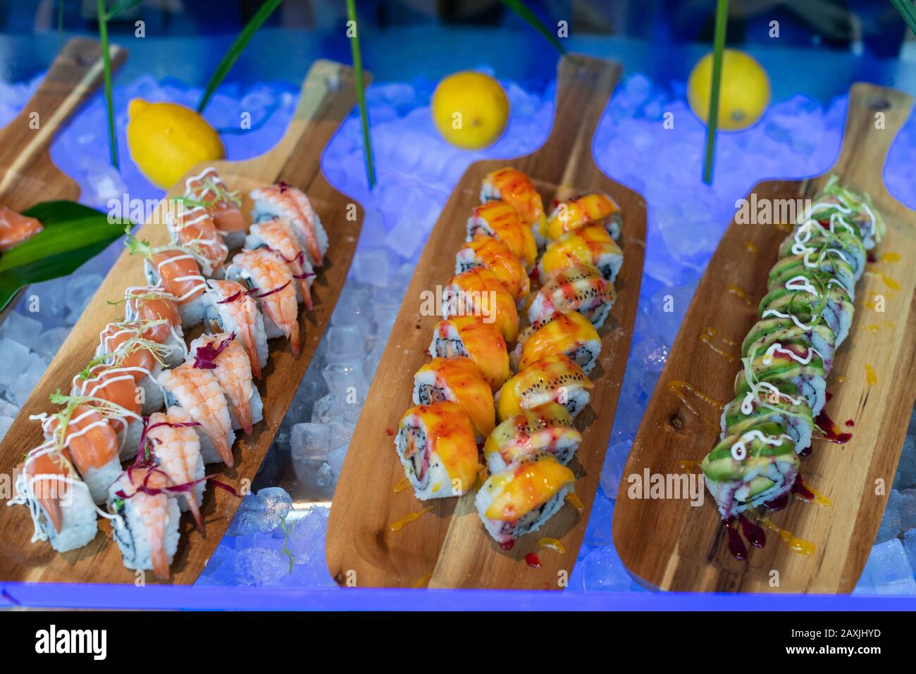 Sushi rolls in hotel restaurant buffet Stock Photo - Alamy