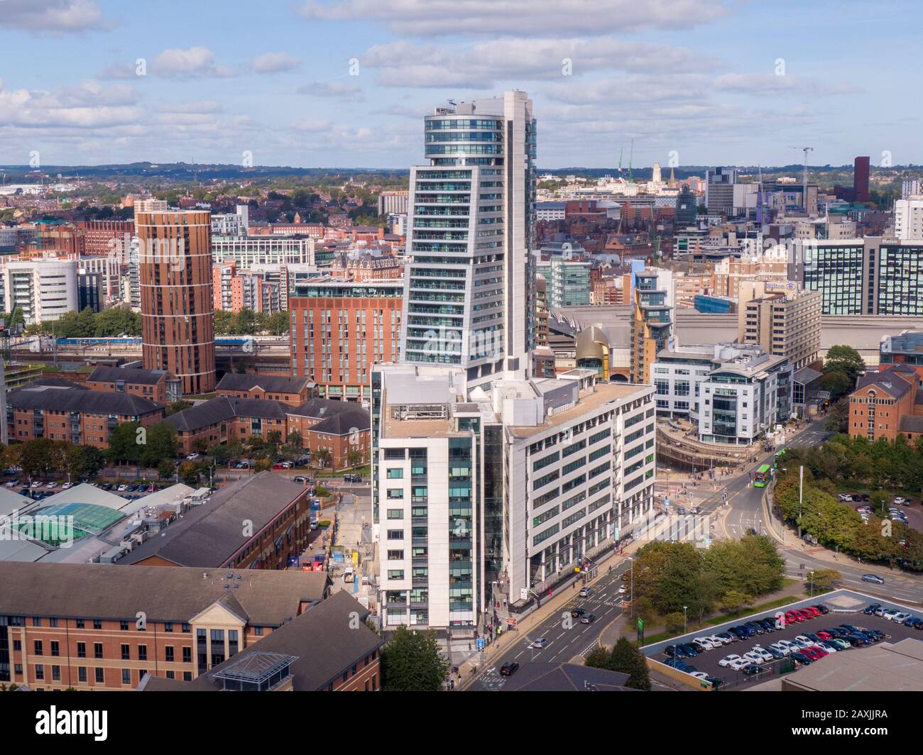 Aerial drone Leeds City Centre hi rise buildings, West Yorkshire, UK ...