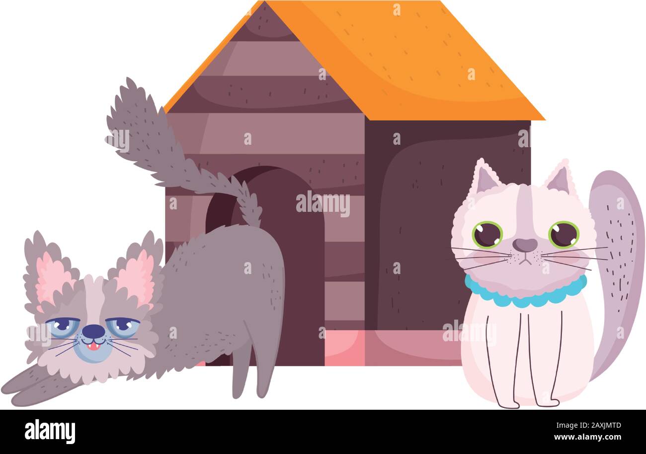 cute cats feline cartoon with wooden house pets vector illustration ...