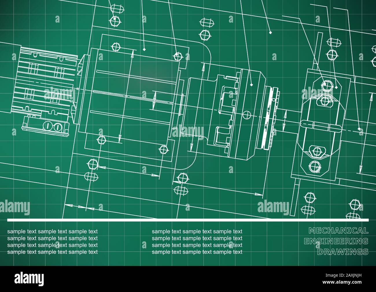 Mechanical engineering drawings on a Light green background. Grid ...