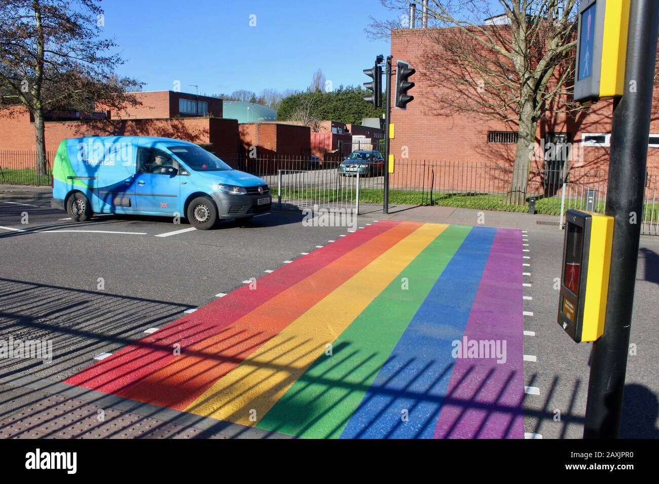 The rainbow painted LBGTQ supporting pedestrian crossing outside ...
