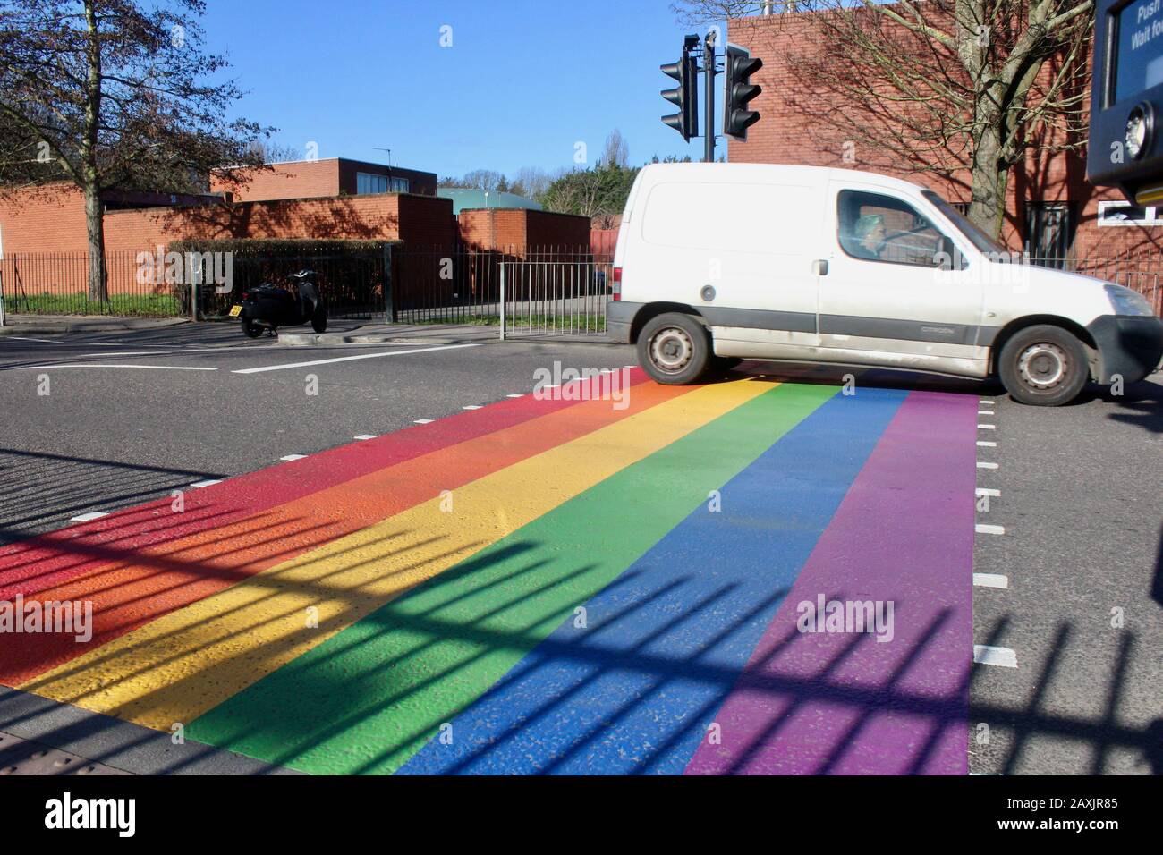 The rainbow painted LBGTQ supporting pedestrian crossing outside ...