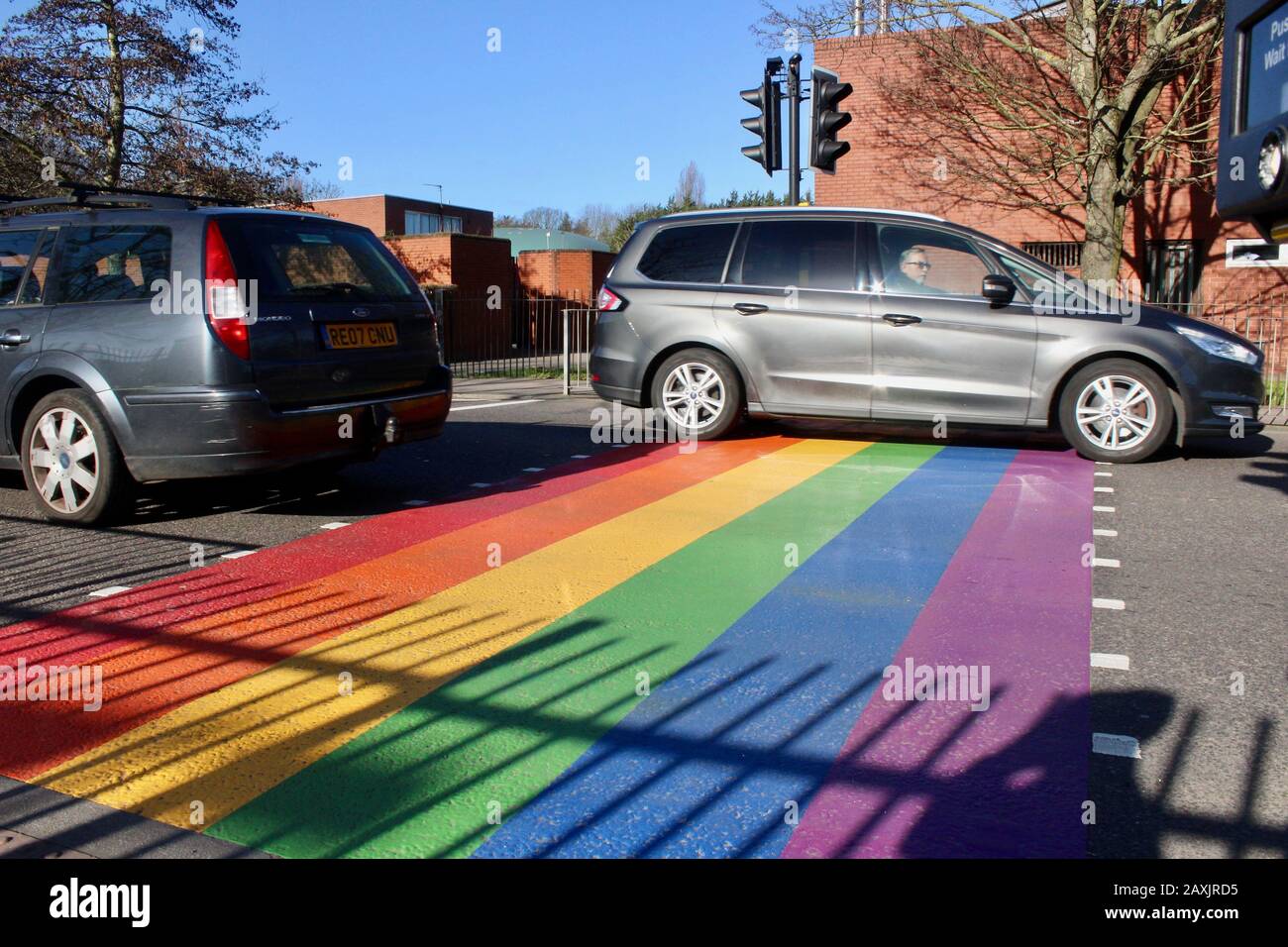 The rainbow painted LBGTQ supporting pedestrian crossing outside ...