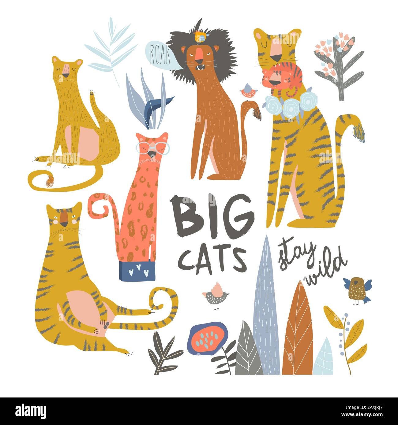 Set of cartoon wild cats. Lion,tiger,leopard with exotic flowers Stock ...